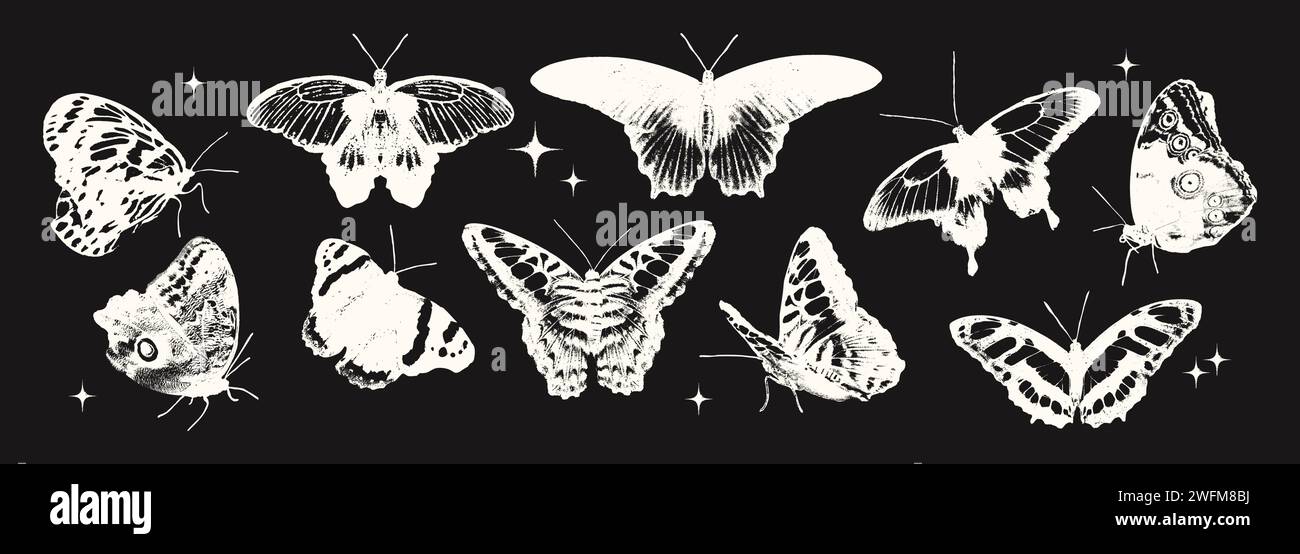 Butterflies photocopy effect negative elements set vector illustration ...