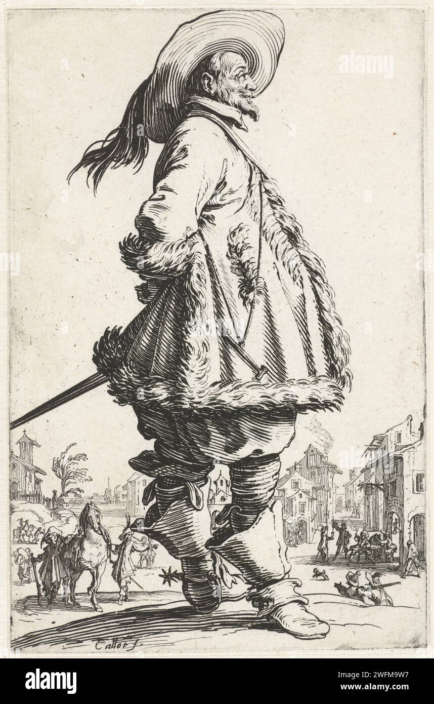 Rider with plumy hat, seen on the right side, Jacques Callot, 1620 ...