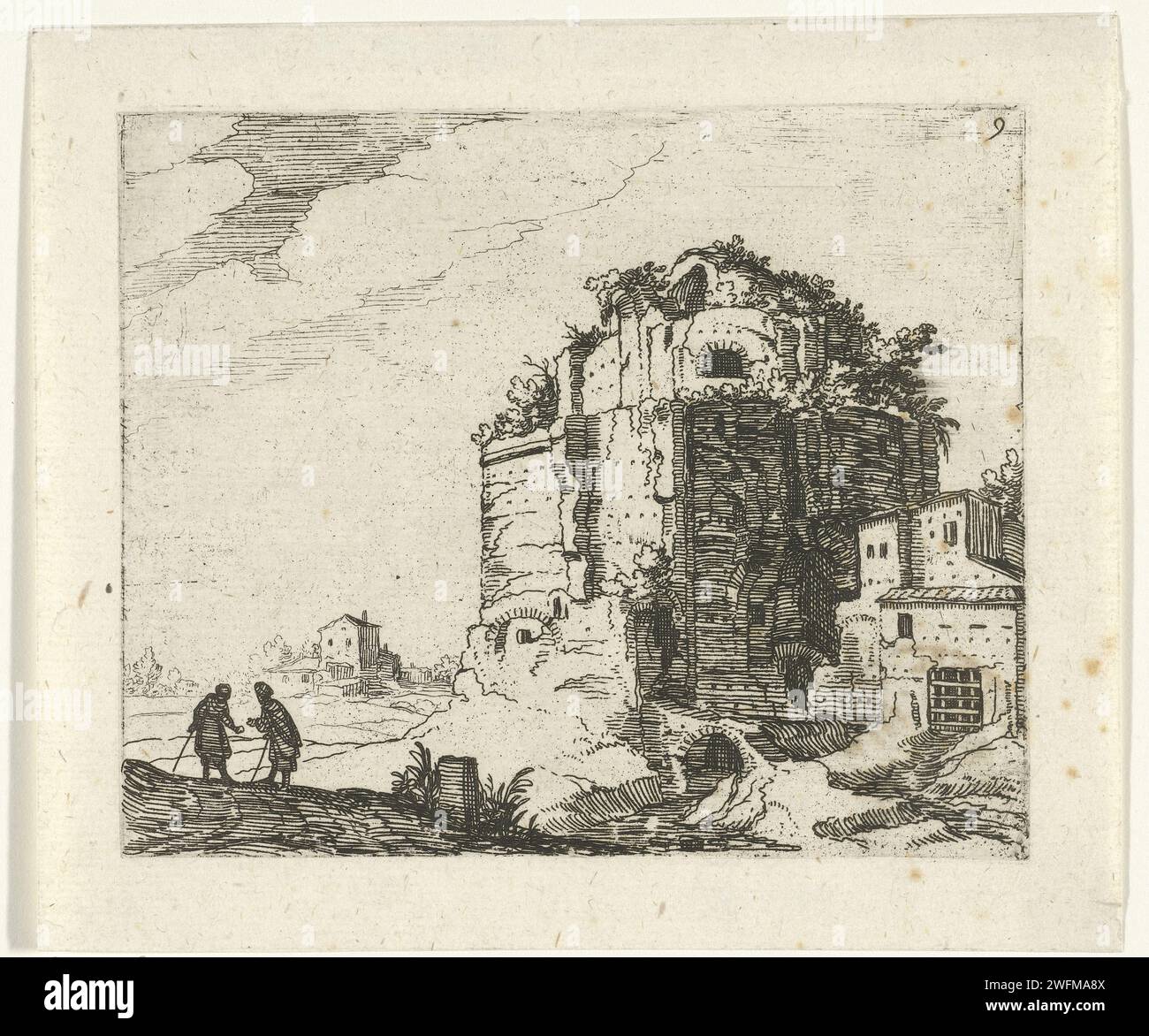 Roman ruin, Willem van Nieulandt (II), 1594 - 1618 print On the right a ...