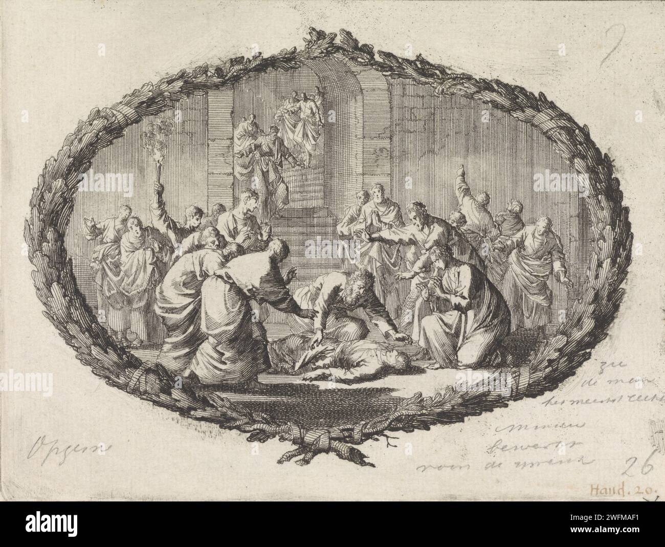 Paul takes care of the fallen Euteychus, Jan Luyken, 1700 print A ...