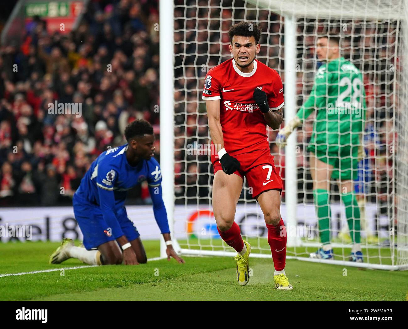 Liverpool's Luis Diaz celebrates scoring their side's fourth goal of ...