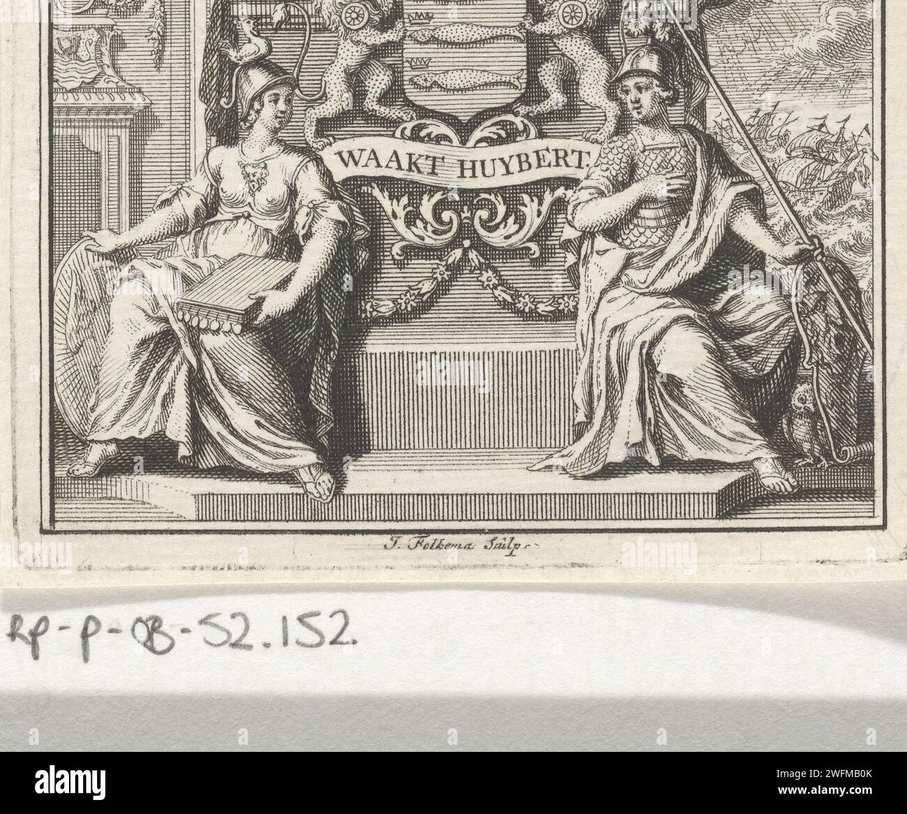 Coat of arms flanked by Allegorical Figures, Jacob Folkema, 1702 - 1767 print A crowned coat of ...