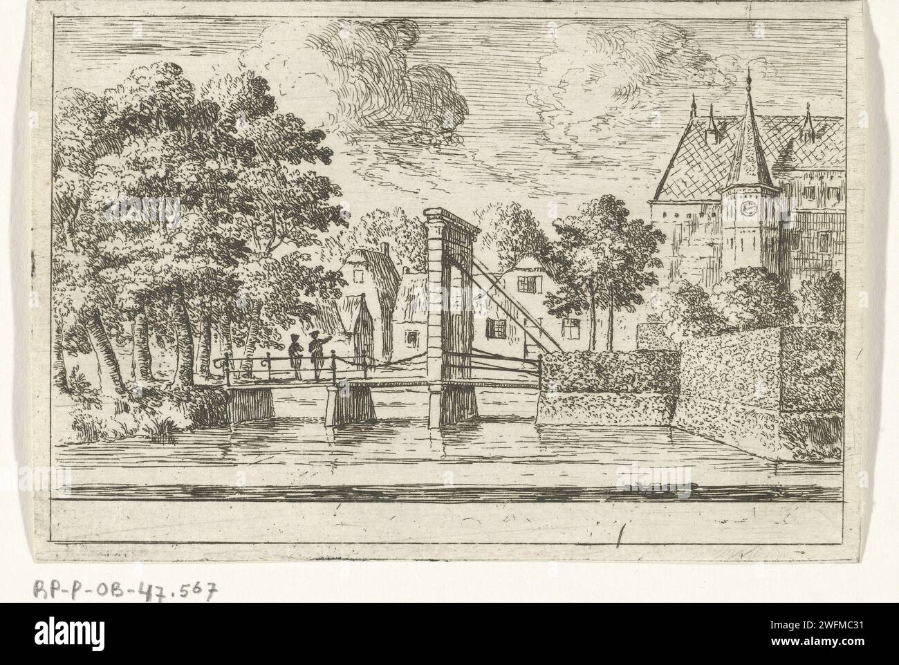 Bridge over a moat, Simon Klapmuts, 1744 - 1780 print Two figures on ...