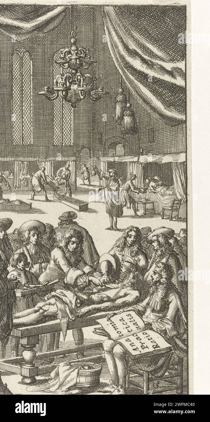 Large infirmary in which a corpse is dissected in the foreground, Jan Luyken, 1688 print ...