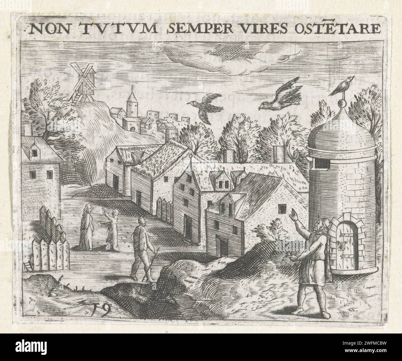 Man looks at birds in heaven, 1596 print A man points out birds with ...