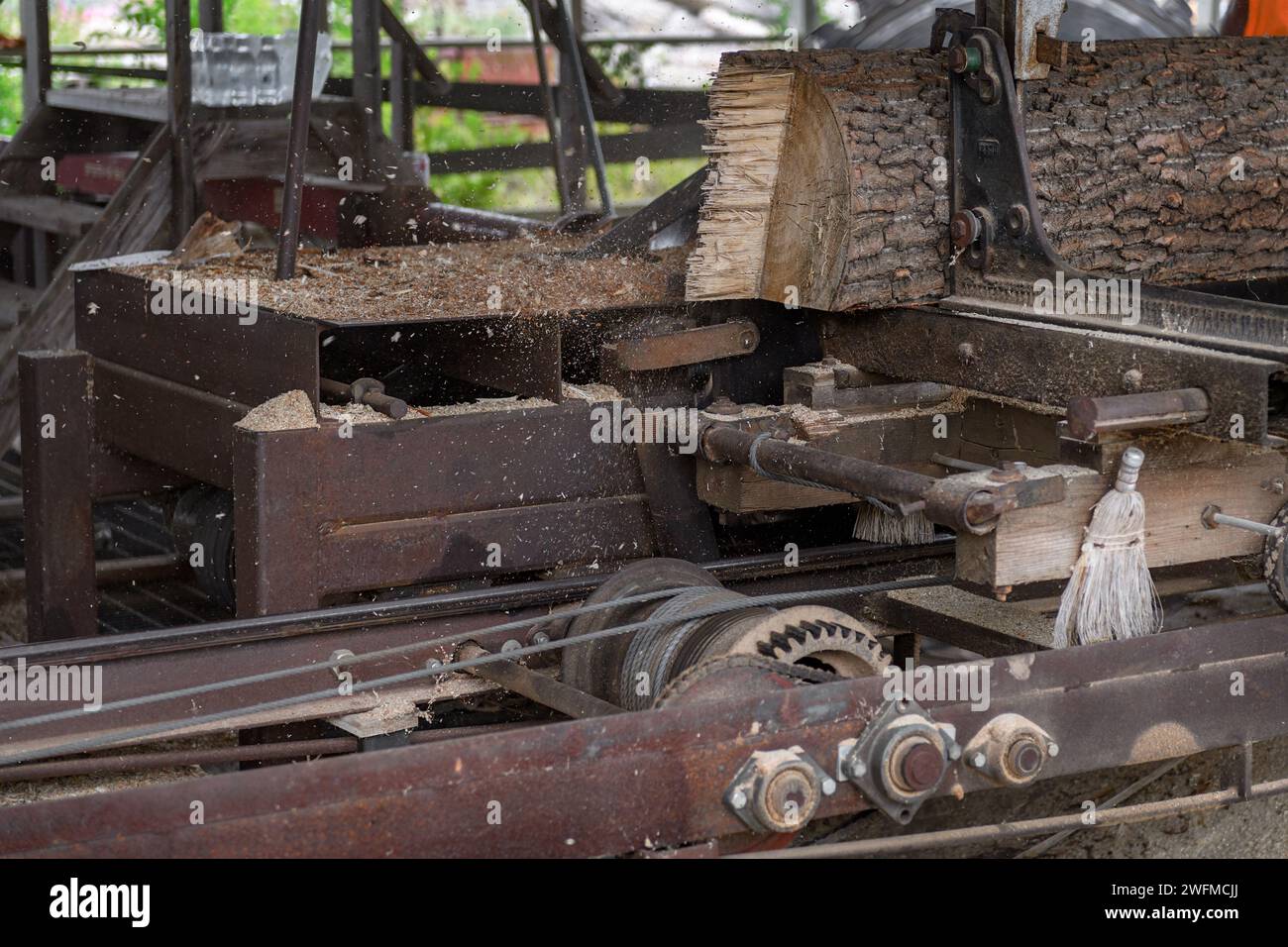 Sawdust Flies from Steam Powered Sawmill - vintage Stock Photo - Alamy