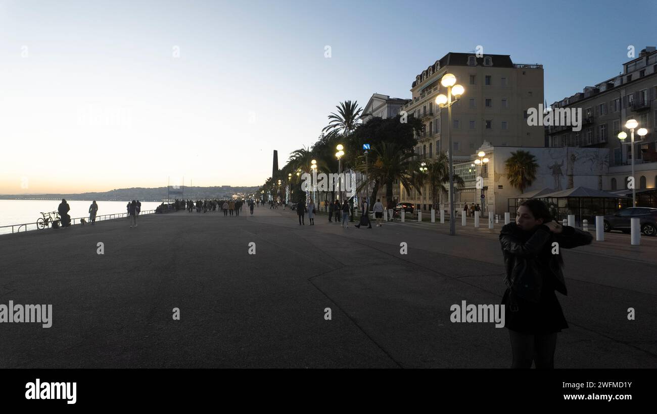 NICE, FRANCE - JANUARY 25, 2024: Panorama of Coastal street of city of ...