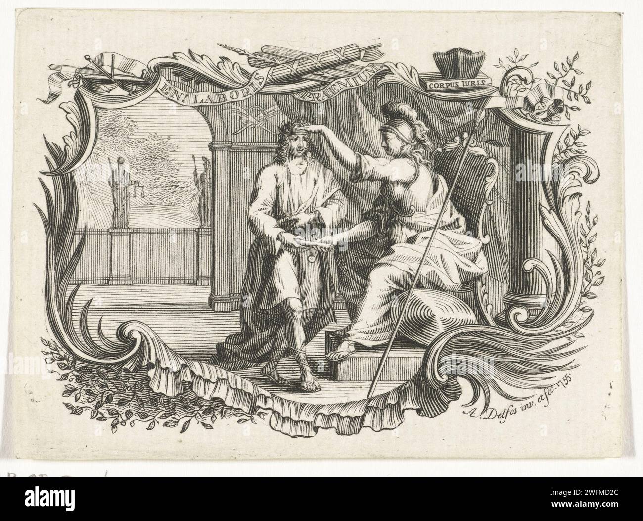 Minerva rewards or honors man for his work, in Cartouche, Abraham ...