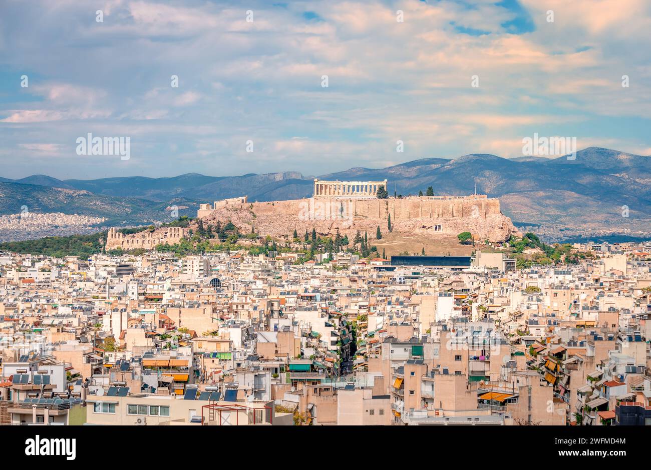 The Acropolis Hill with the Parthenon and the Athens skyline, seen from Kynosargous Hill. Athens ...