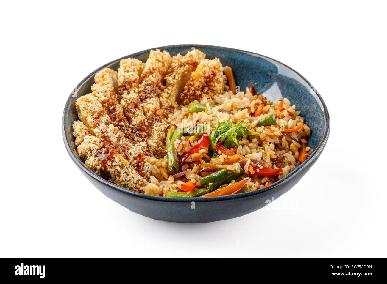 Hibachi rice with chicken schnitzel on a white background studio food ...