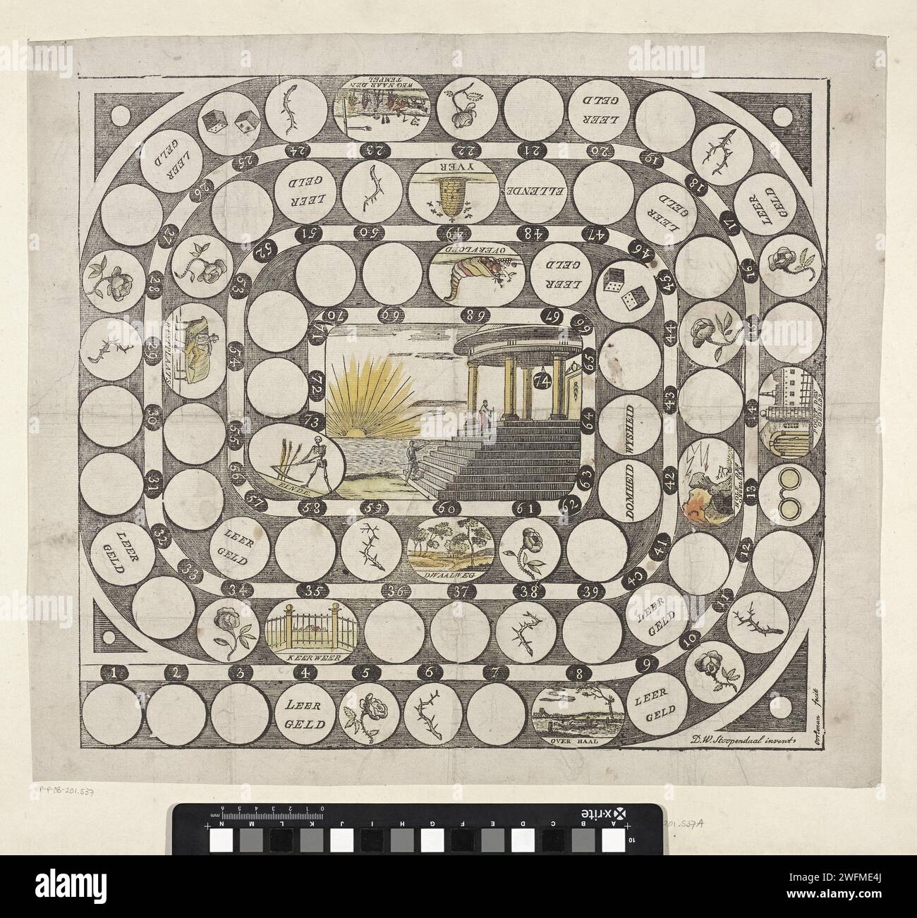 Temple of happiness, 1816 print. gameboard Spiral -shaped board game ...