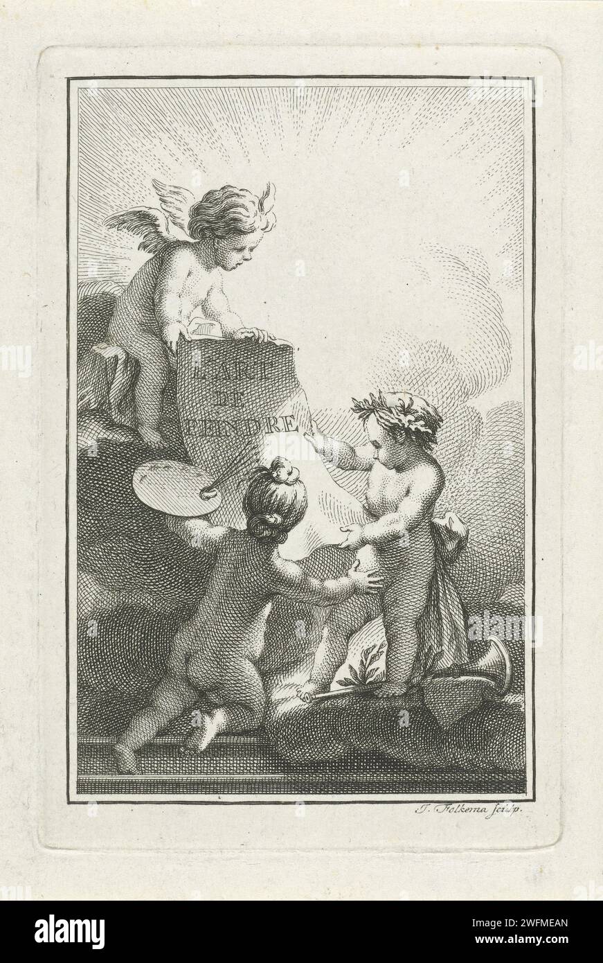 Putti Study a sheet of paper, Jacob Folkema, 1761 print Two putti study a sheet of paper with ...
