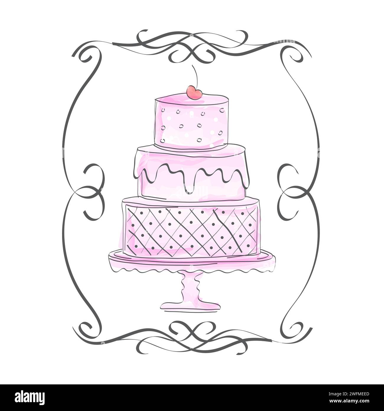 Pink Watercolor Cake Illustration in Victorian Sketch Style and Cherry ...