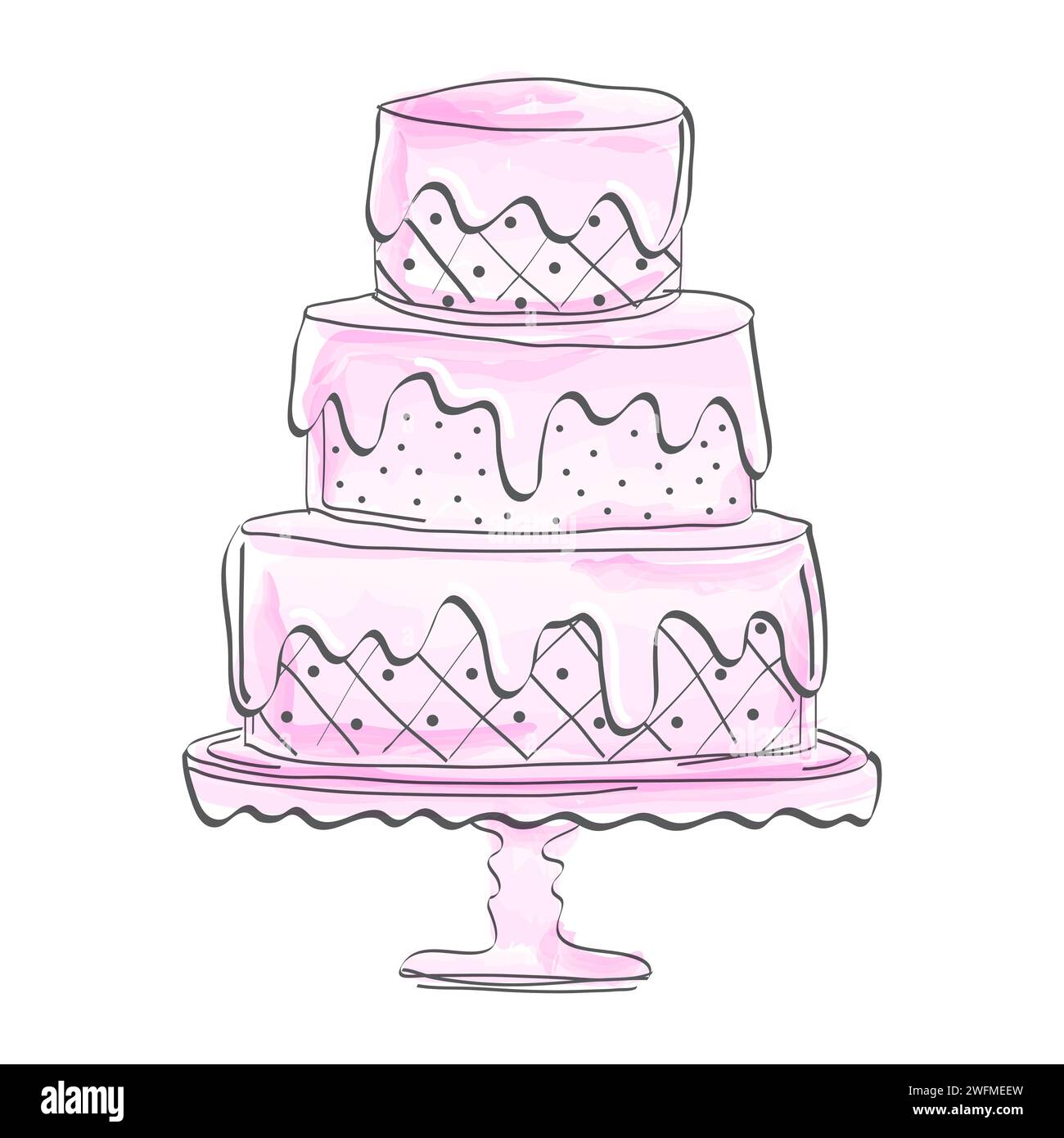 Pink Watercolor Cake Illustration in Sketch or Draft Style Stock Vector ...