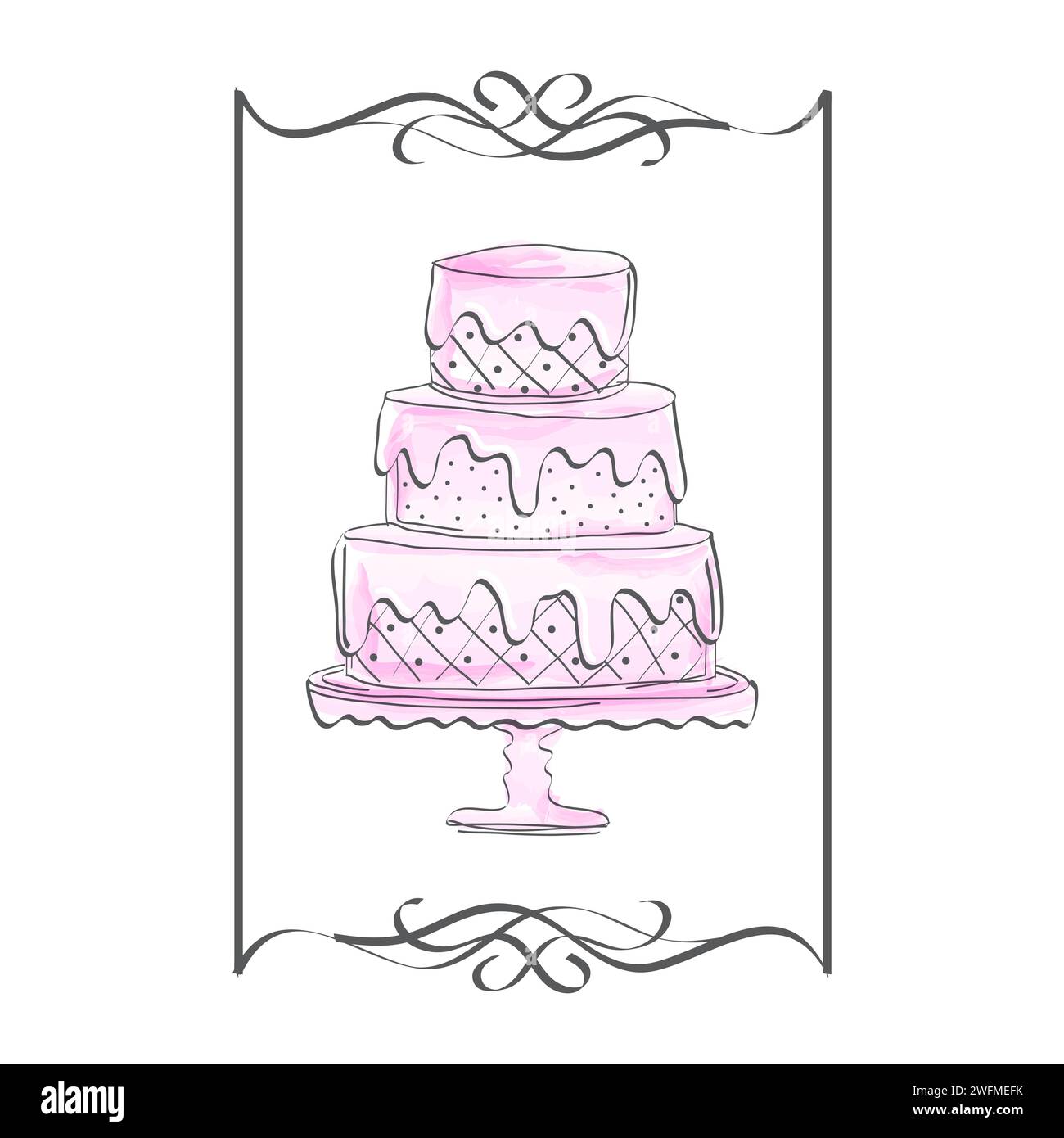 Pink Watercolor Cake Illustration in Victorian Sketch Style Stock ...