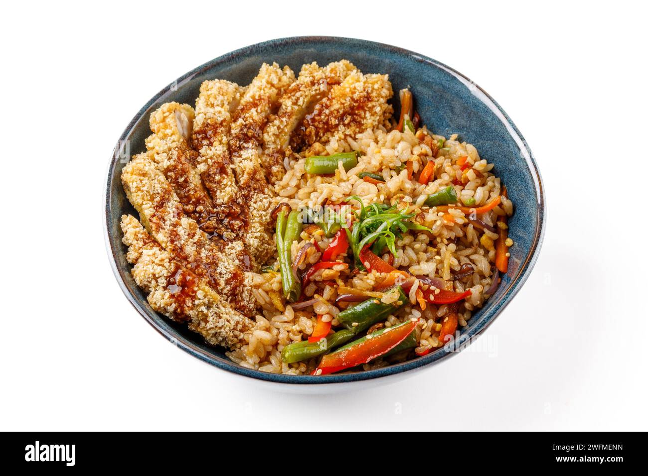 Hibachi rice with chicken schnitzel on a white background studio food ...