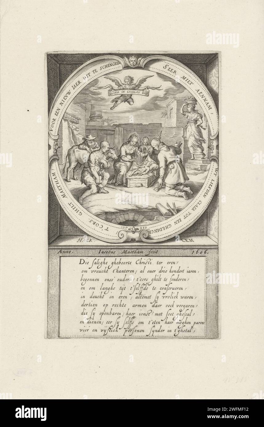 New Year's Substitute with worship of the shepherds, Jacob Matham, 1606 ...