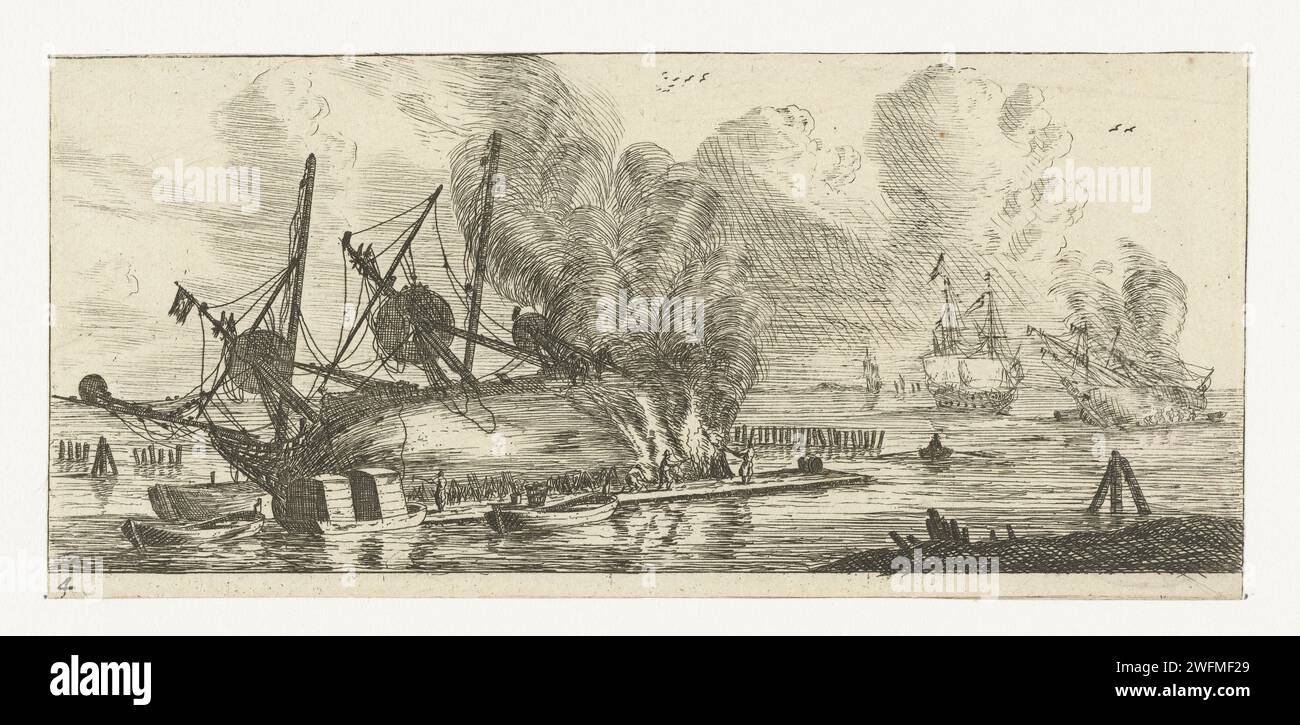 Waterproofing the hull of a ship, Reinier Nooms, 1651 - 1652 print Kop ...