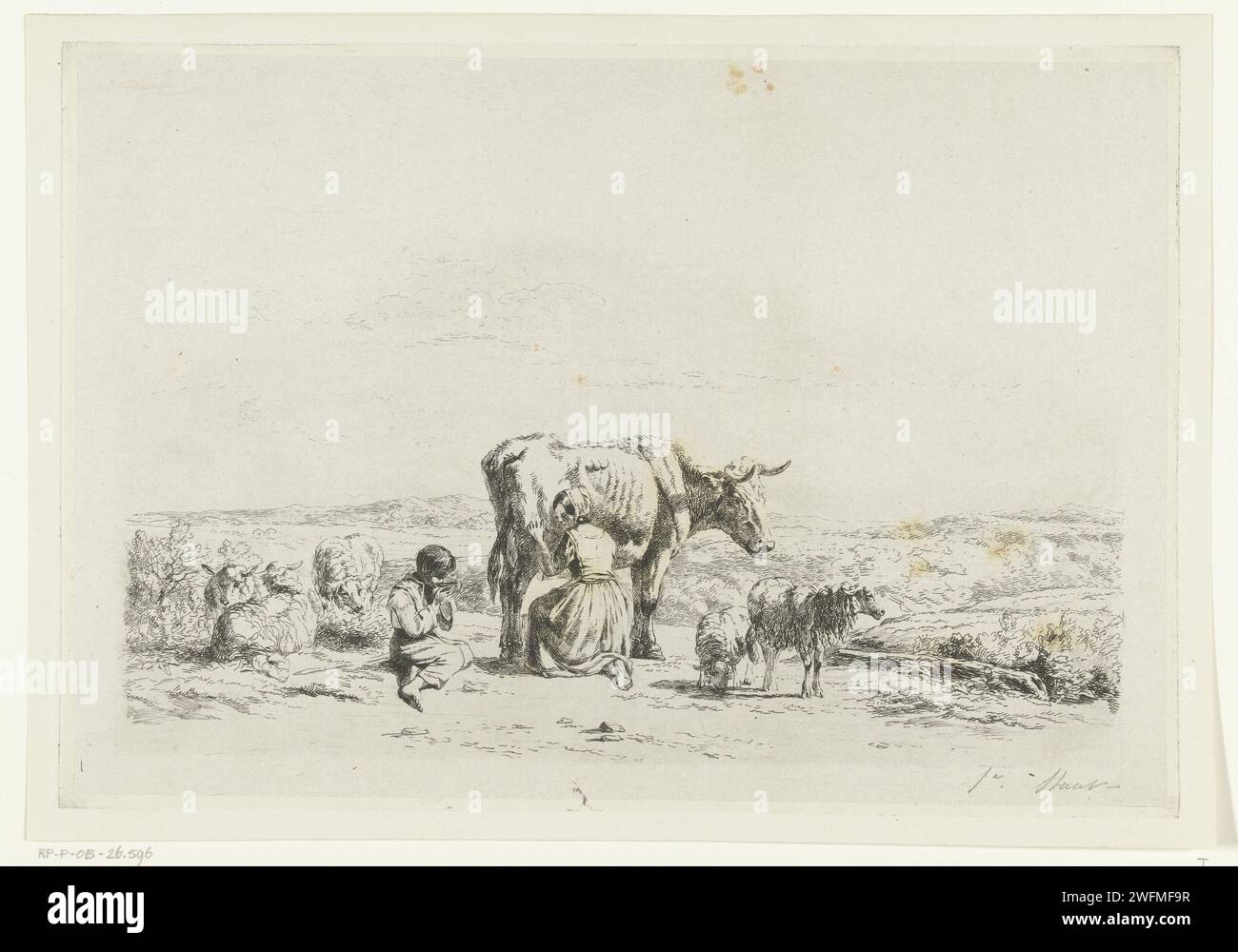 Landscape with wife who milks cow and boy with sheep, Simon van den ...