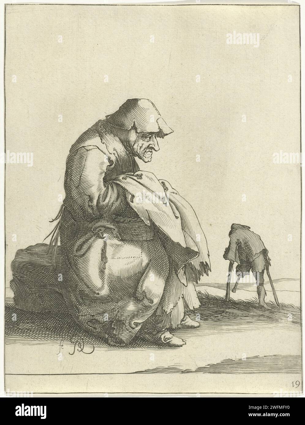 Elderly beggar, Pieter Jansz Quast, 1634 - 1638 print On a stone is an ...