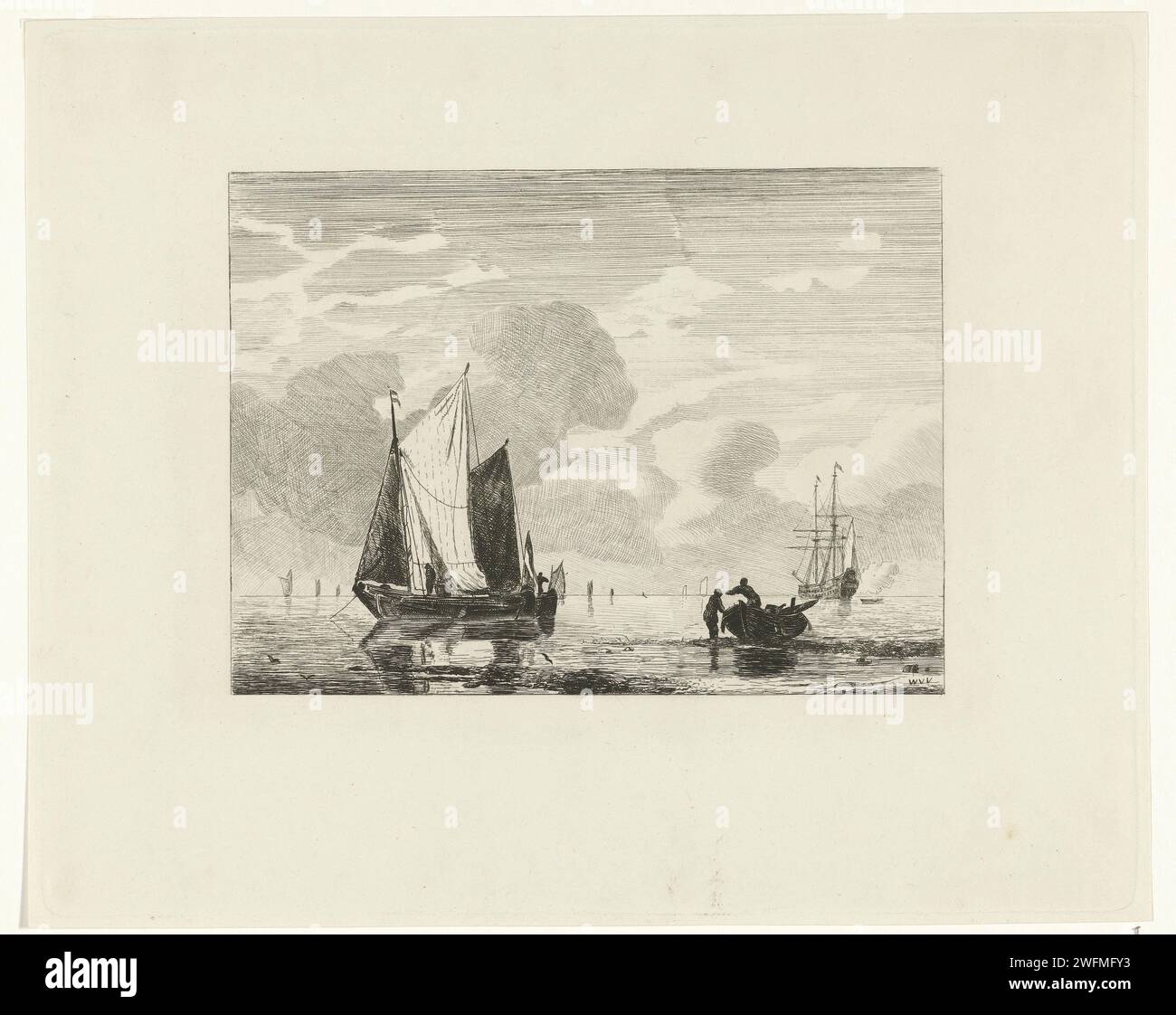 Sea viewing with sailing ships, Willem Gruyter Jr., 1832 - 1880 print ...