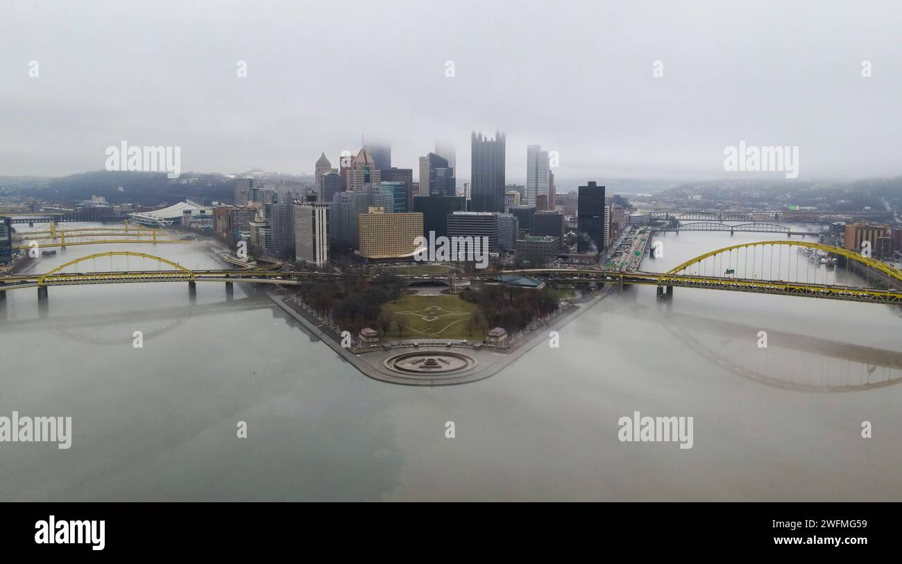 Fog forms around Pittsburgh’s cityscape after the snow and ice melt on ...