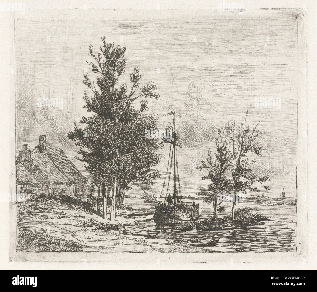 River landscape with sailing ship and farm, Lambertus Hardenberg (1822 ...