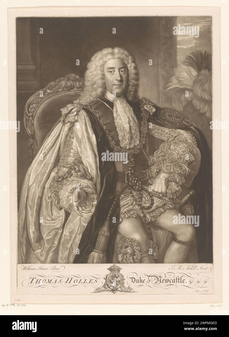 Portret van Thomas Pelham-Holles, James McArdell, after William Hoare ...