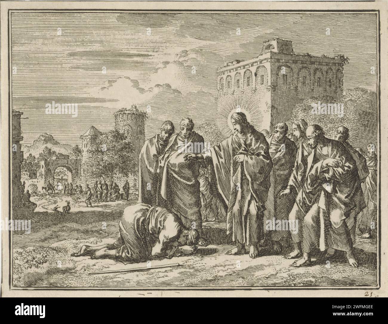Healed leper kneels at the feet of Christ, Jan Luyken, 1712 print ...