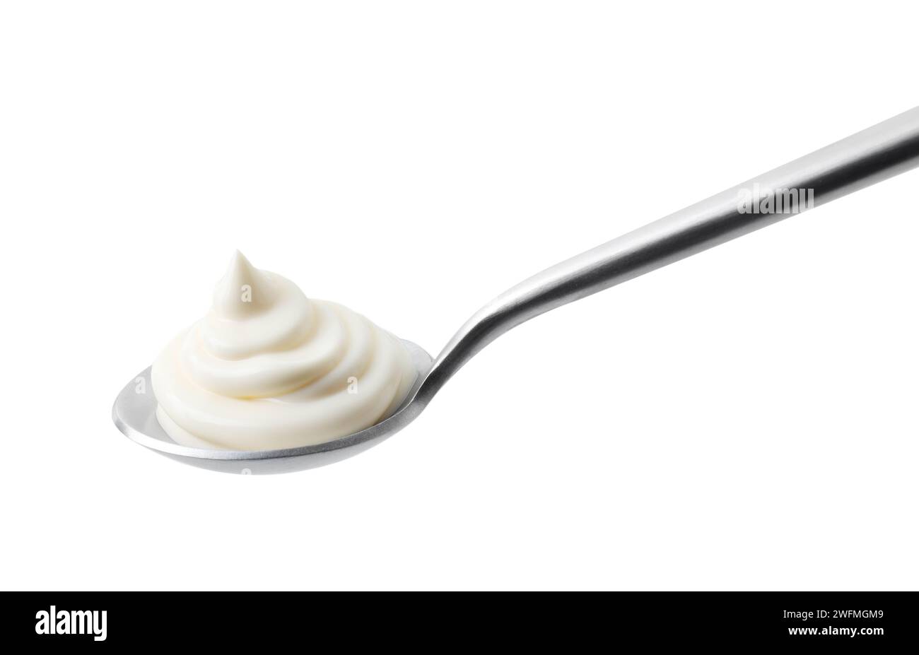 Silver spoon with mayonnaise isolated on white Stock Photo - Alamy