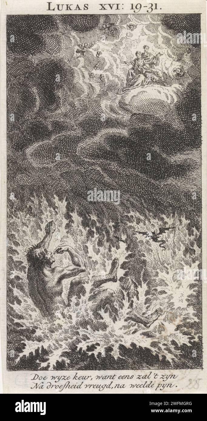 Lazarus in Abrahams shot and the rich man in hell, Anonymous, after Jan Luyken, 1712 print ...