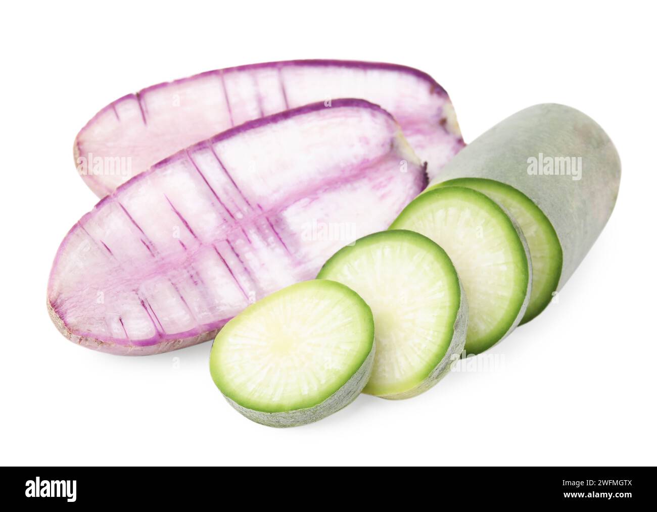 Purple and green daikon radishes isolated on white Stock Photo - Alamy