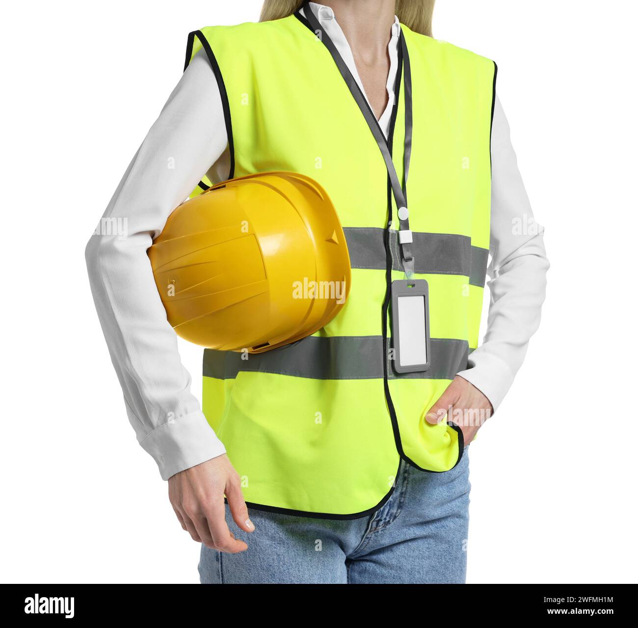 Engineer with hard hat and badge on white background, closeup Stock ...