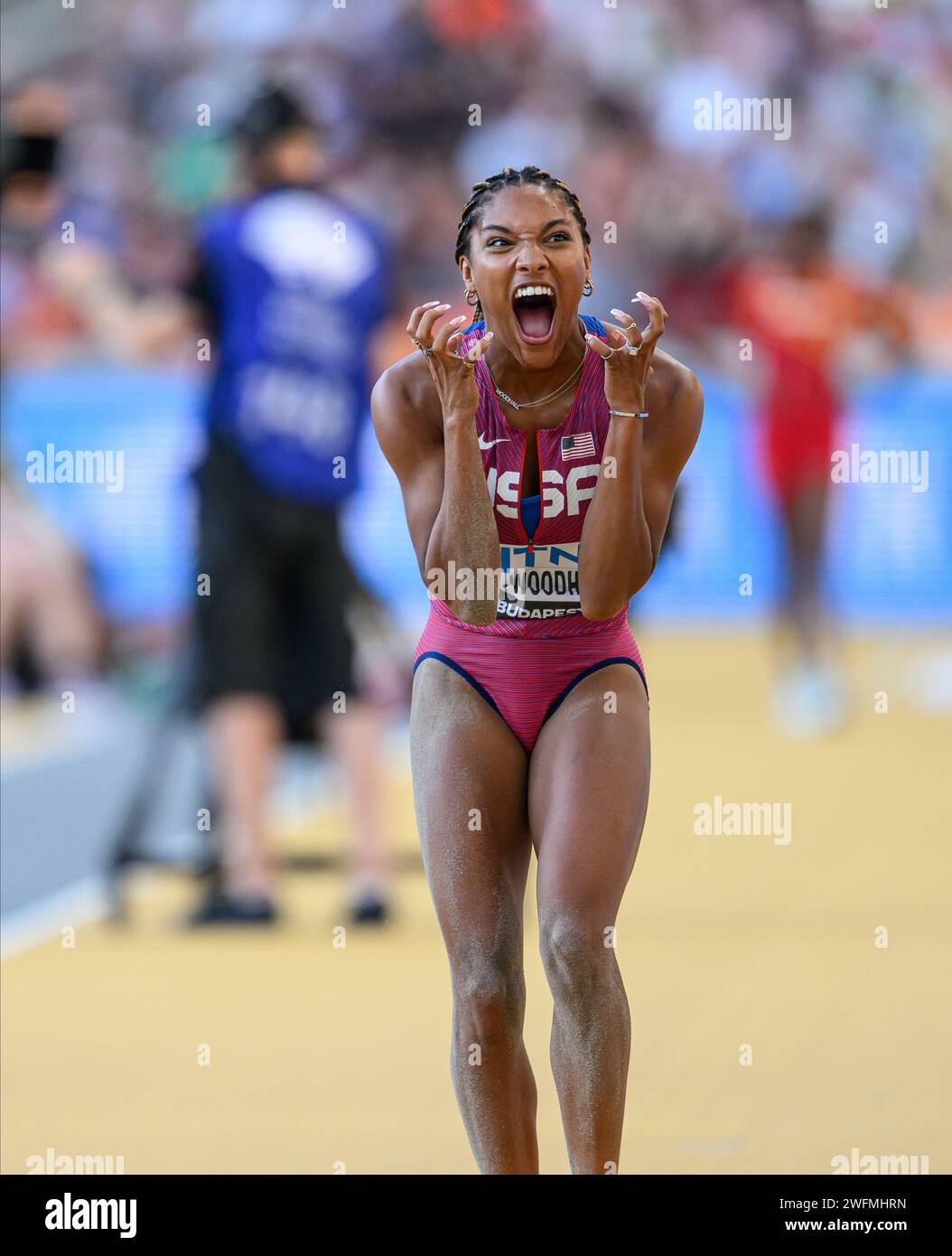 Tara Davis celebrating his medal with the flag in the Budapest 2023 ...