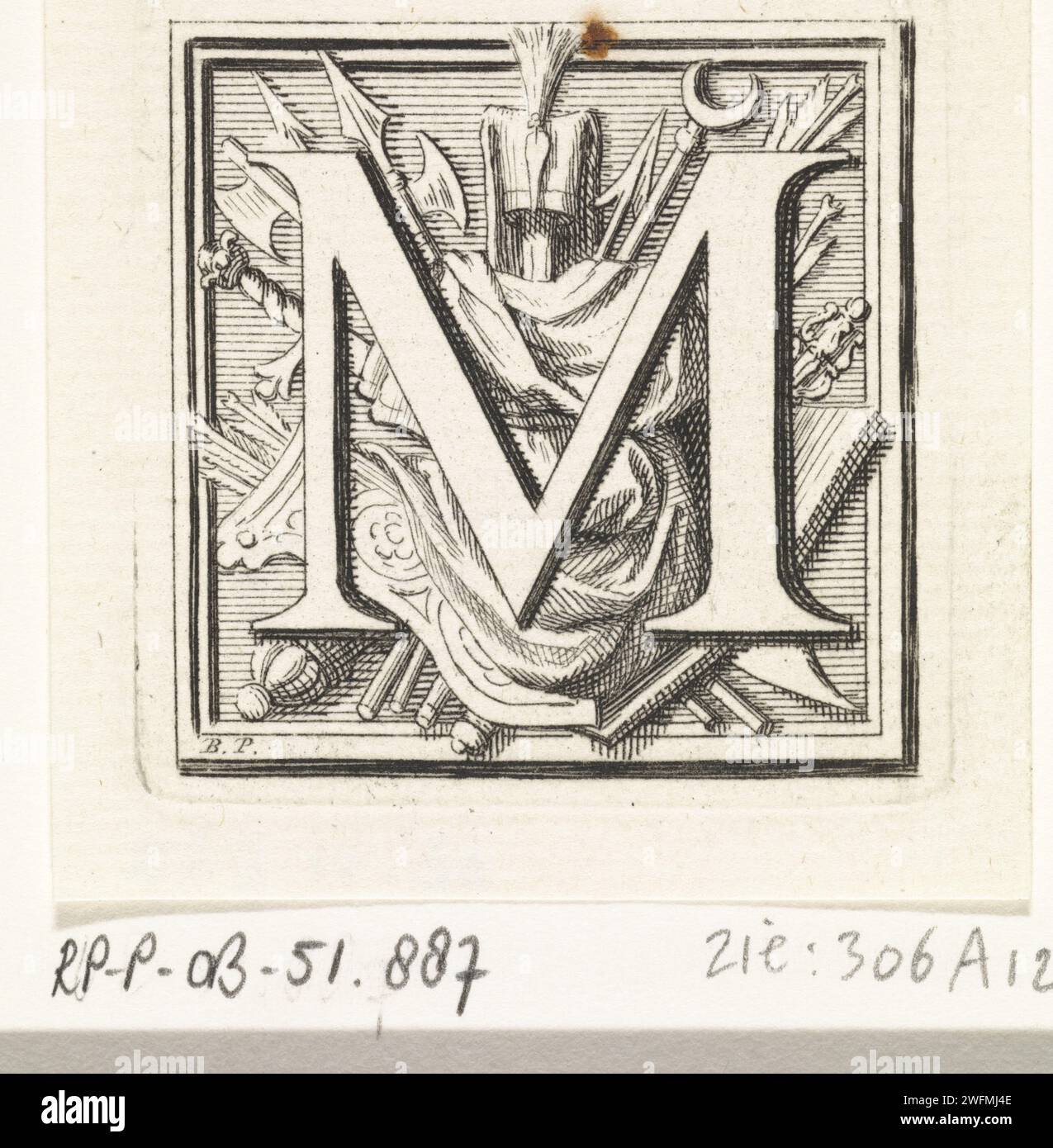 Letter M, Bernard Picart, 1724 print The letter and the initial M with ...
