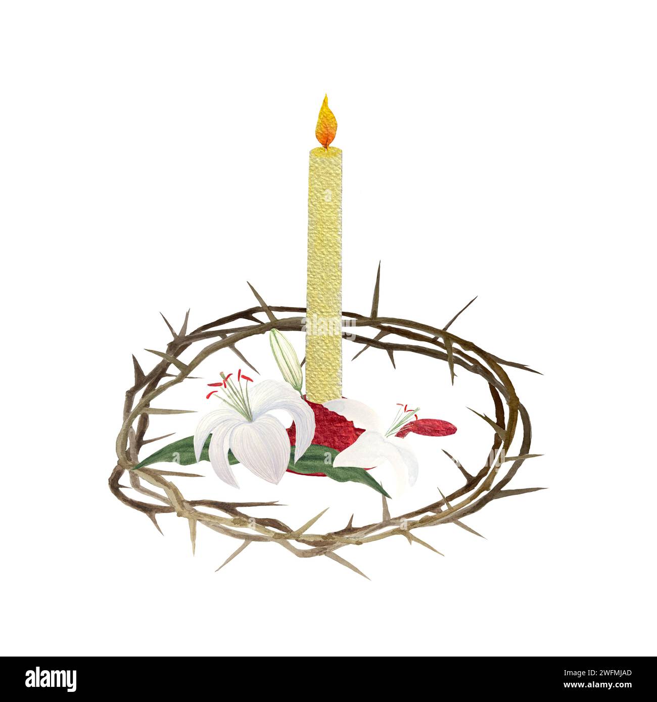 Watercolor crown of thorns and lilies for Easter, holy Thursday ...
