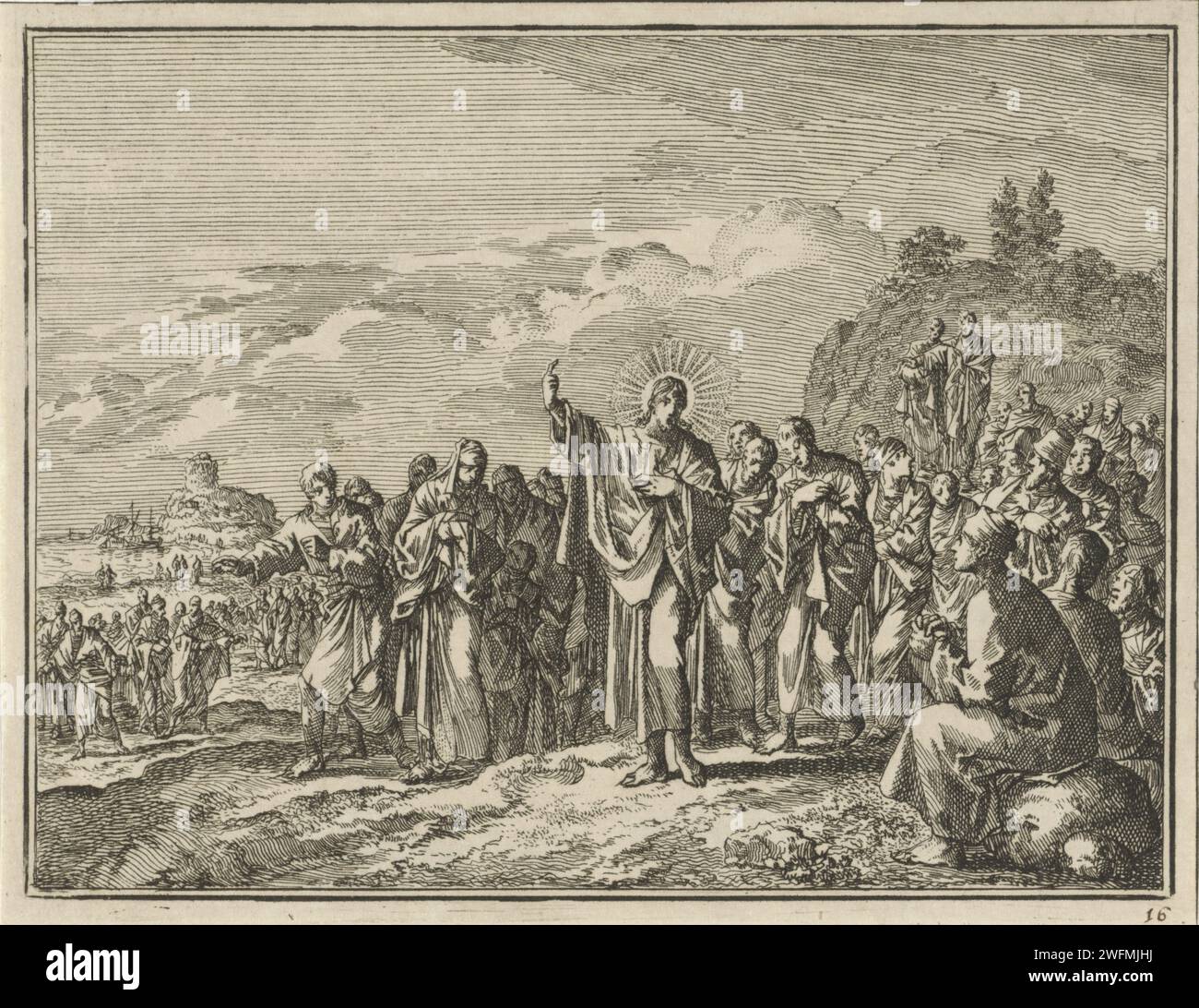 Christ preaching for a crowd in the open air, Jan Luyken, 1712 print ...