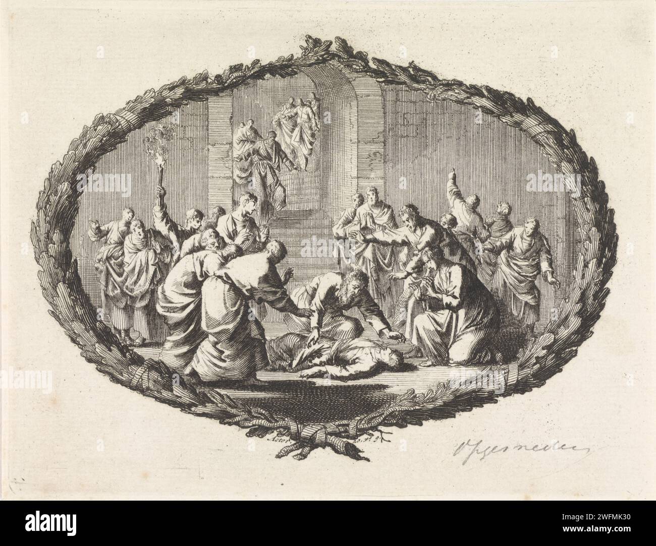 Paul takes care of the fallen Euteychus, Jan Luyken, 1700 print A ...
