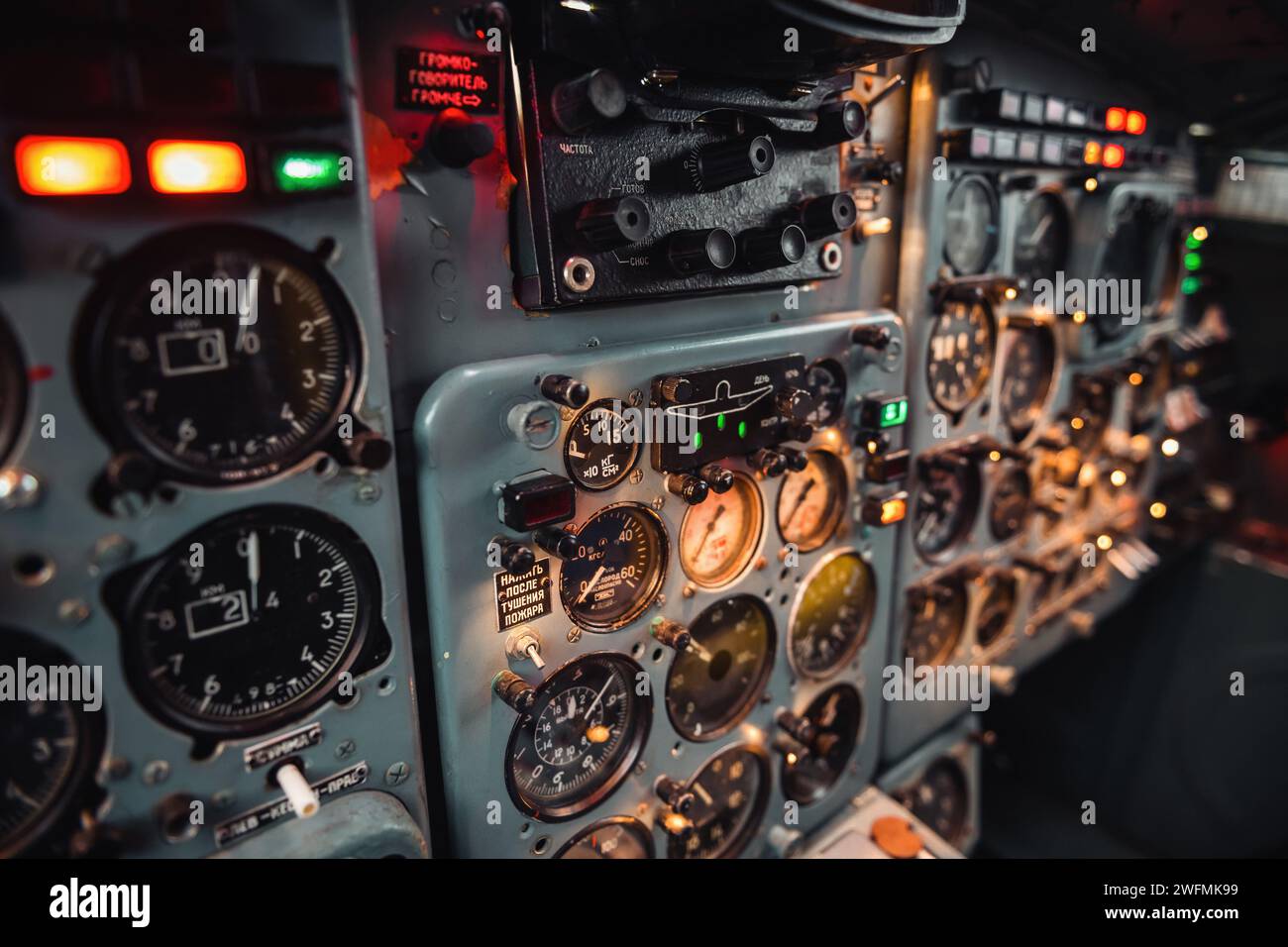 Control panel of 1970-s soviet aircraft. Selective focus shot of gauges ...