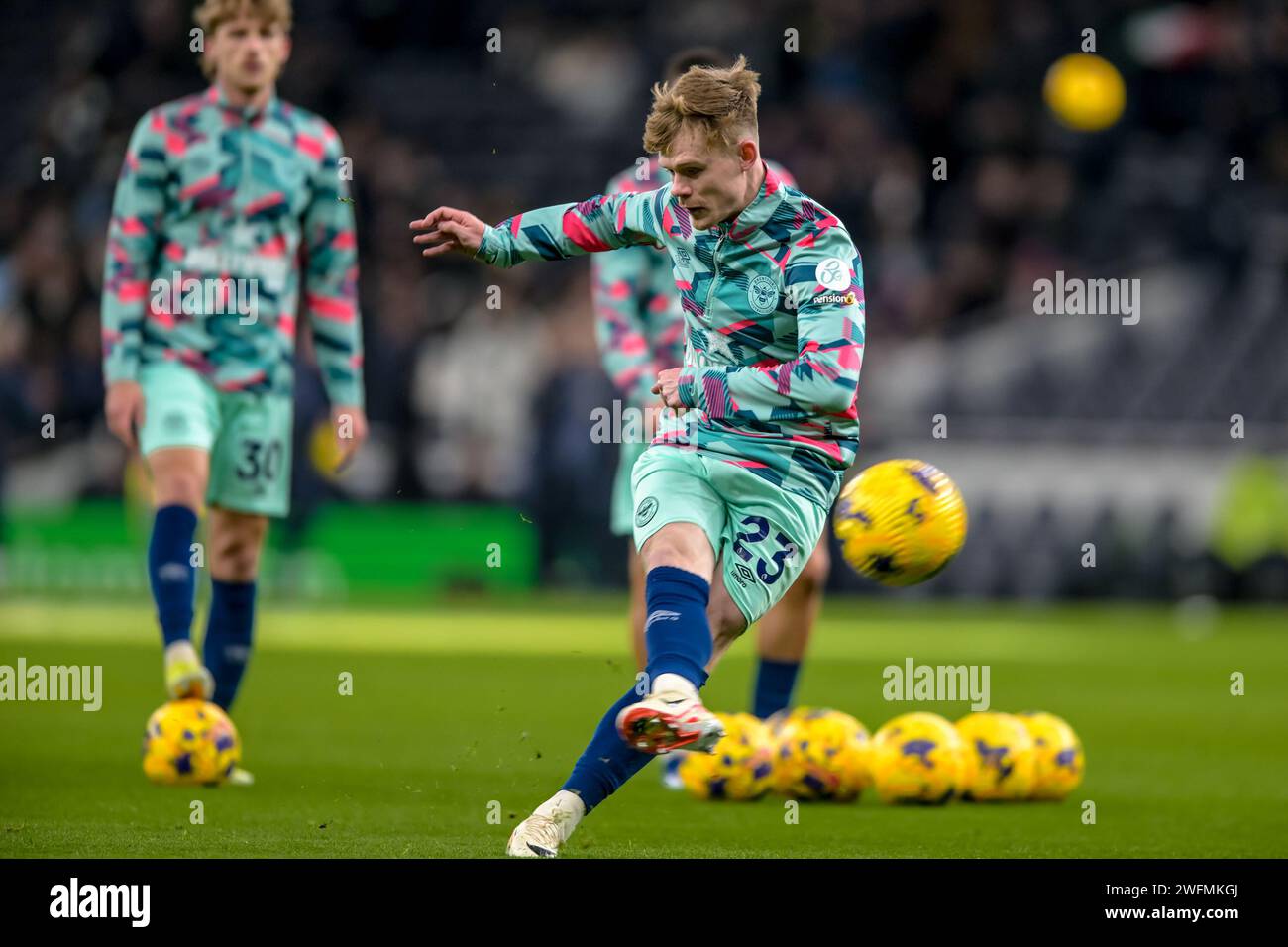 Keane Lewis-Potter of Brentford FC warms up before the Premier League ...
