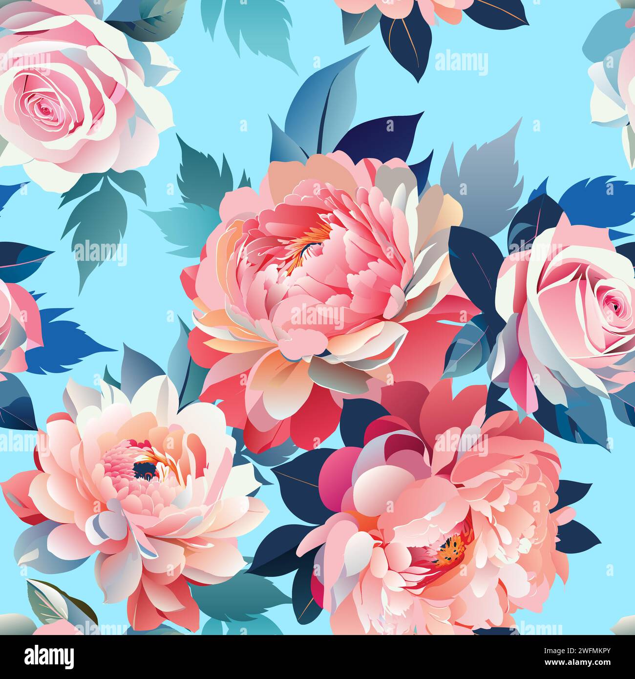 Roses and peonies with leaves seamless reversible pattern. Fabric ...
