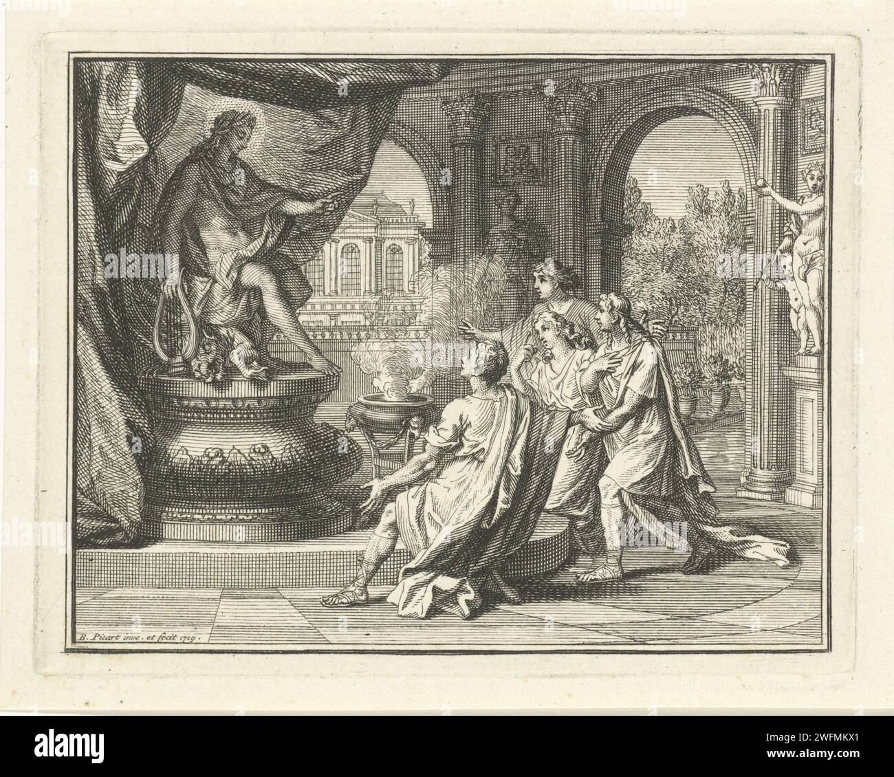 Offer aan Apollo, Bernard Picart, 1719 print Two men and two women make ...