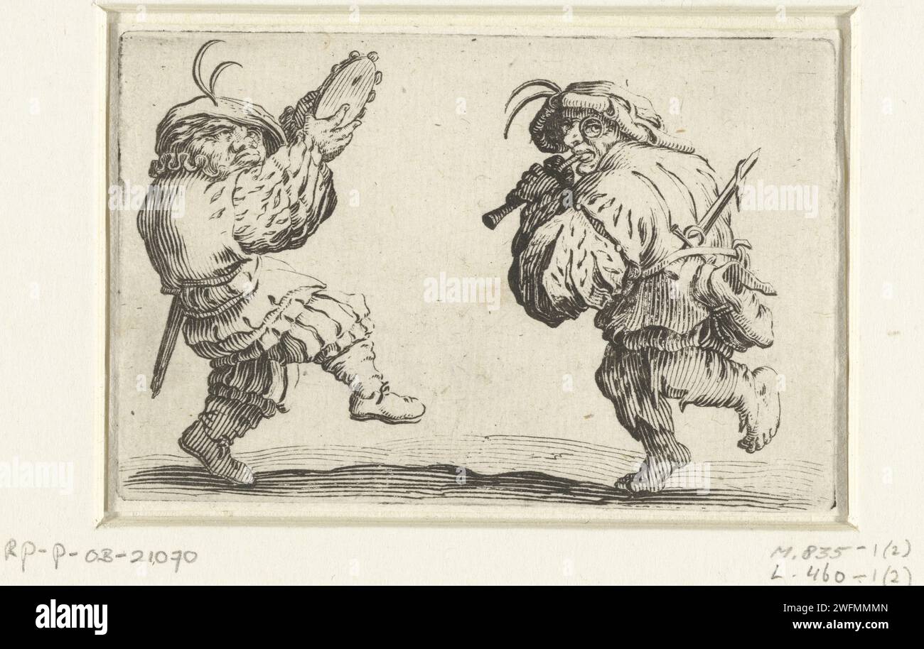 Dancing dwarfs with tambourine and flute, Jacques Callot, 1621 print ...