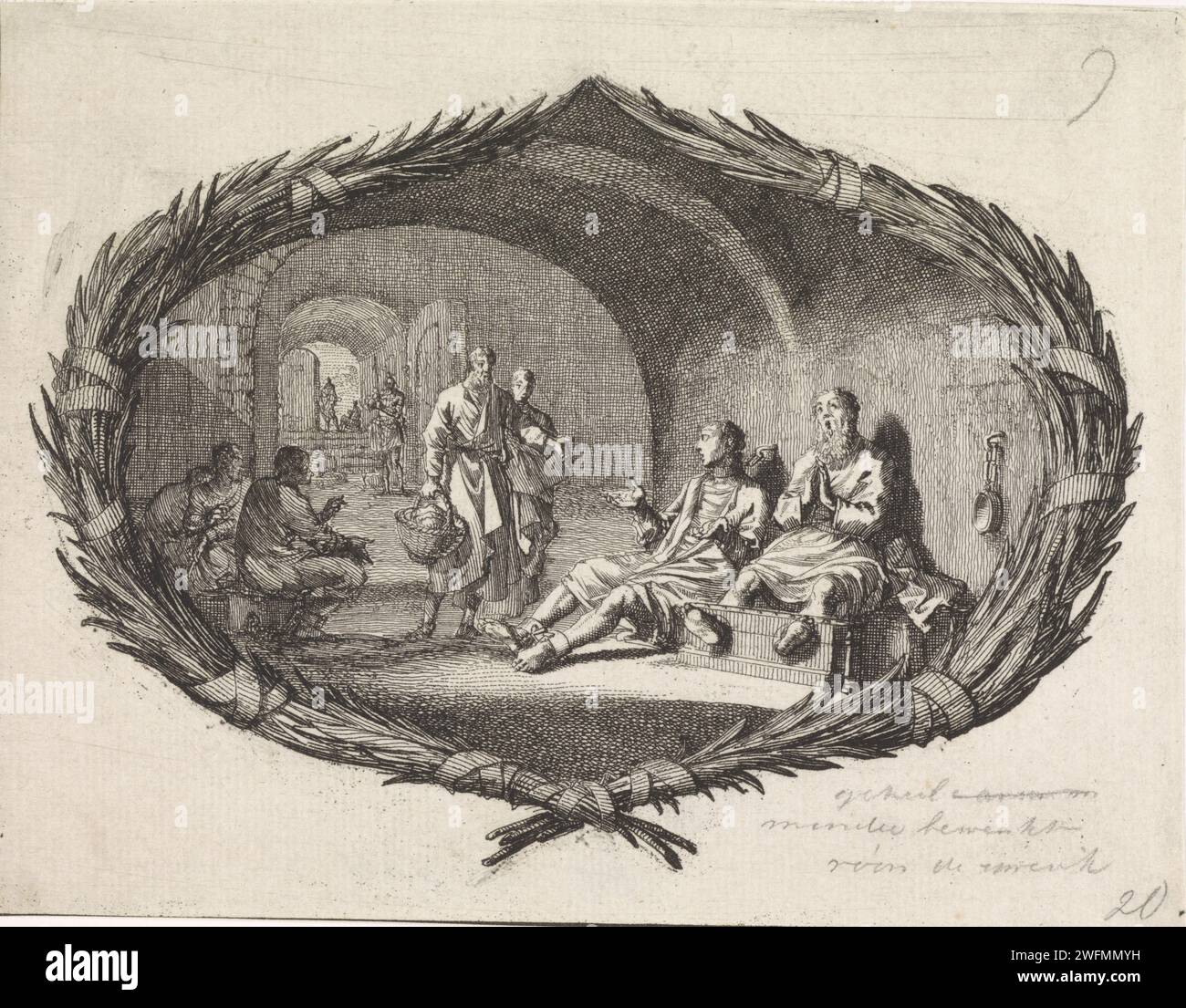 Visit prisoners, Jan Luyken, 1700 print A performance in a cartouche of ...