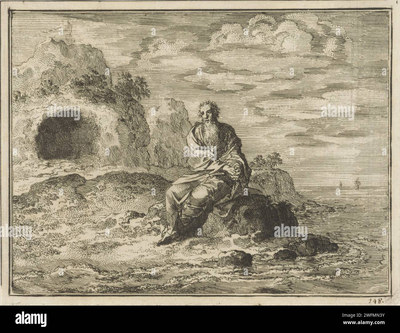 Johannes de Evangelist on Patmos, Jan Luyken, 1712 print Amsterdam paper etching John (writing ...