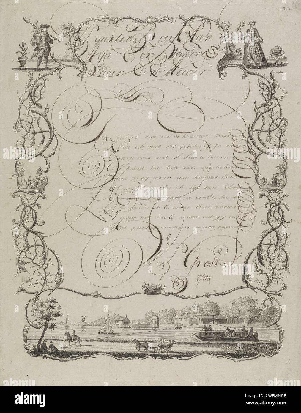Wish letter with tow barge, 1784 print Wish letter with described ...