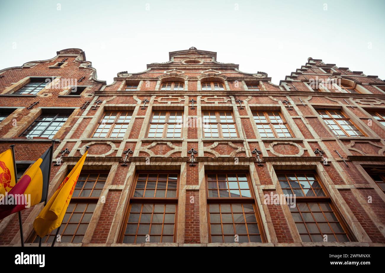 brick facade of 17th century building on Pt Rue au Beurre in Brussels ...