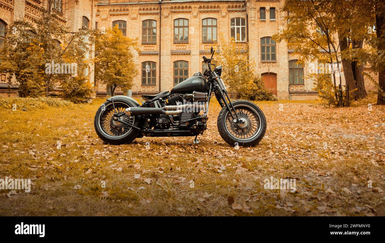 custom bike based on Harley-Davidson Fat Boy model. Side view of black ...