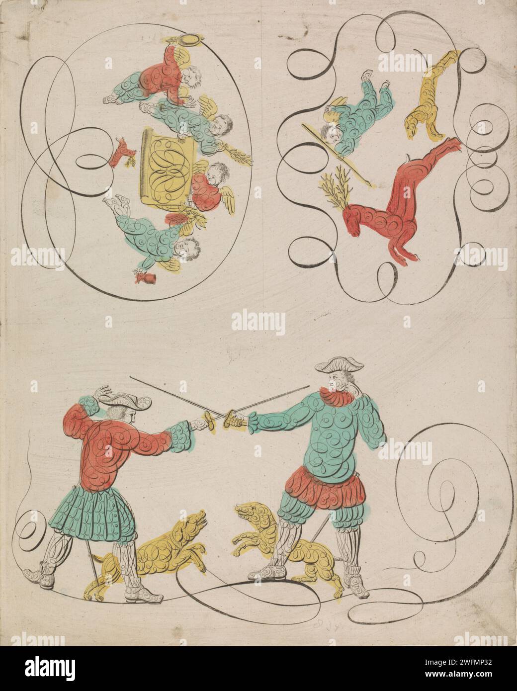 Angels and a sword fight, c. 1700 - c. 1899 print Four angels who hold ...