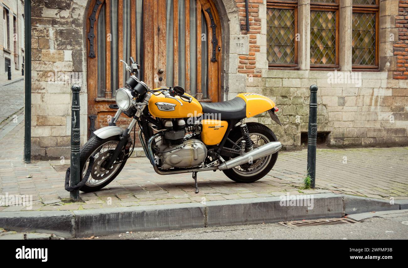 Triumph Thruxton 900 parked on the sidewalk. Yellow classic style ...